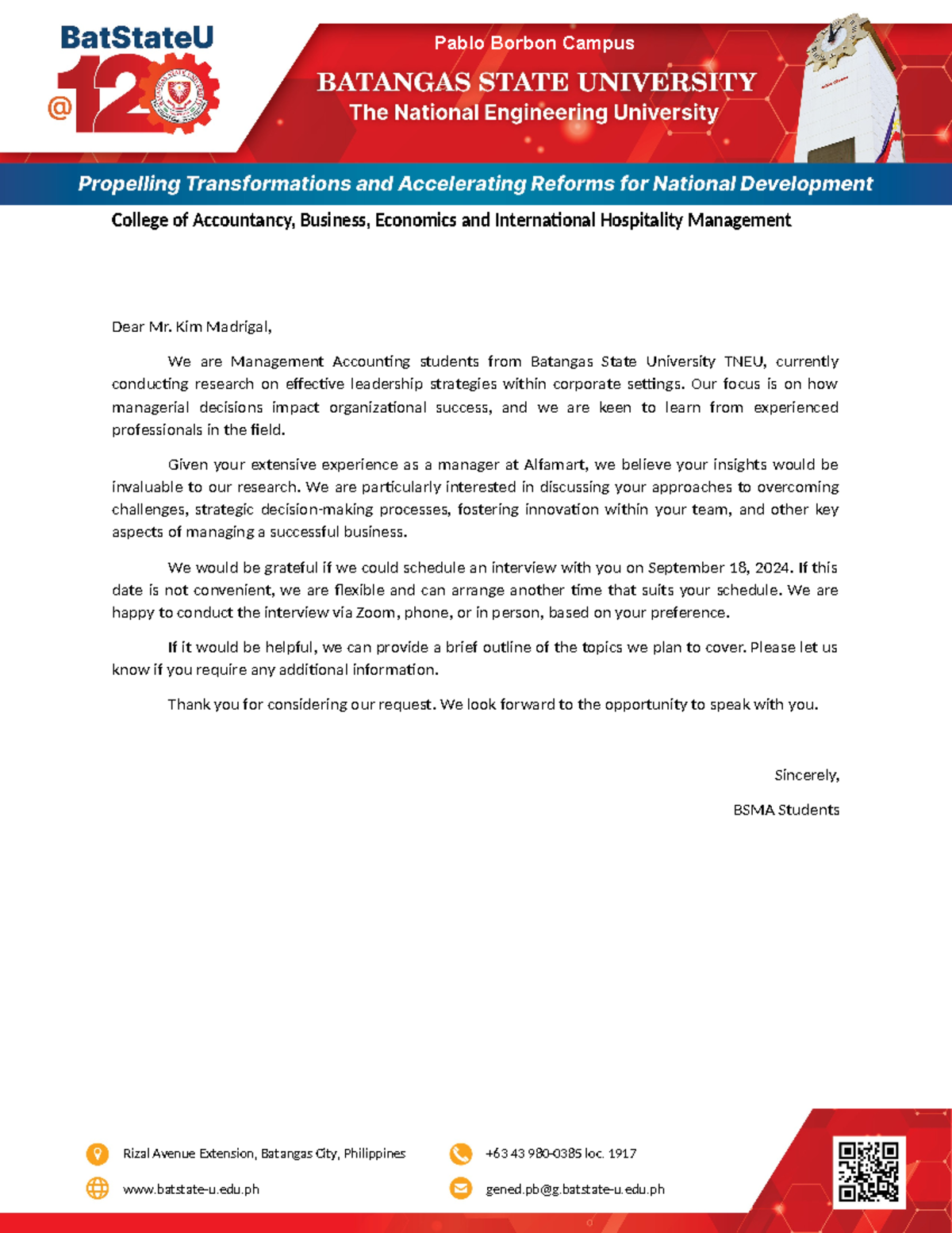 Interview letter - Pablo Borbon Campus Rizal Avenue Extension, Batangas ...