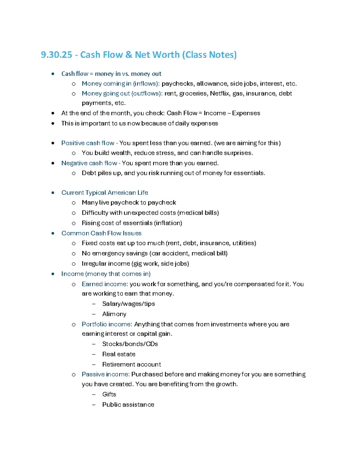 Cash Flow & Net Worth Class Notes (Course Code: Fin 101) - Studocu