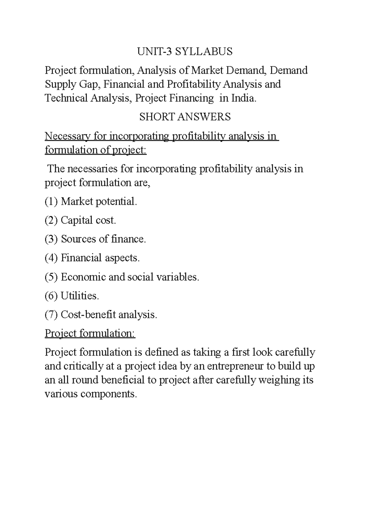 SYLLABUS Project Formulation & Financial Analysis in India - Studocu