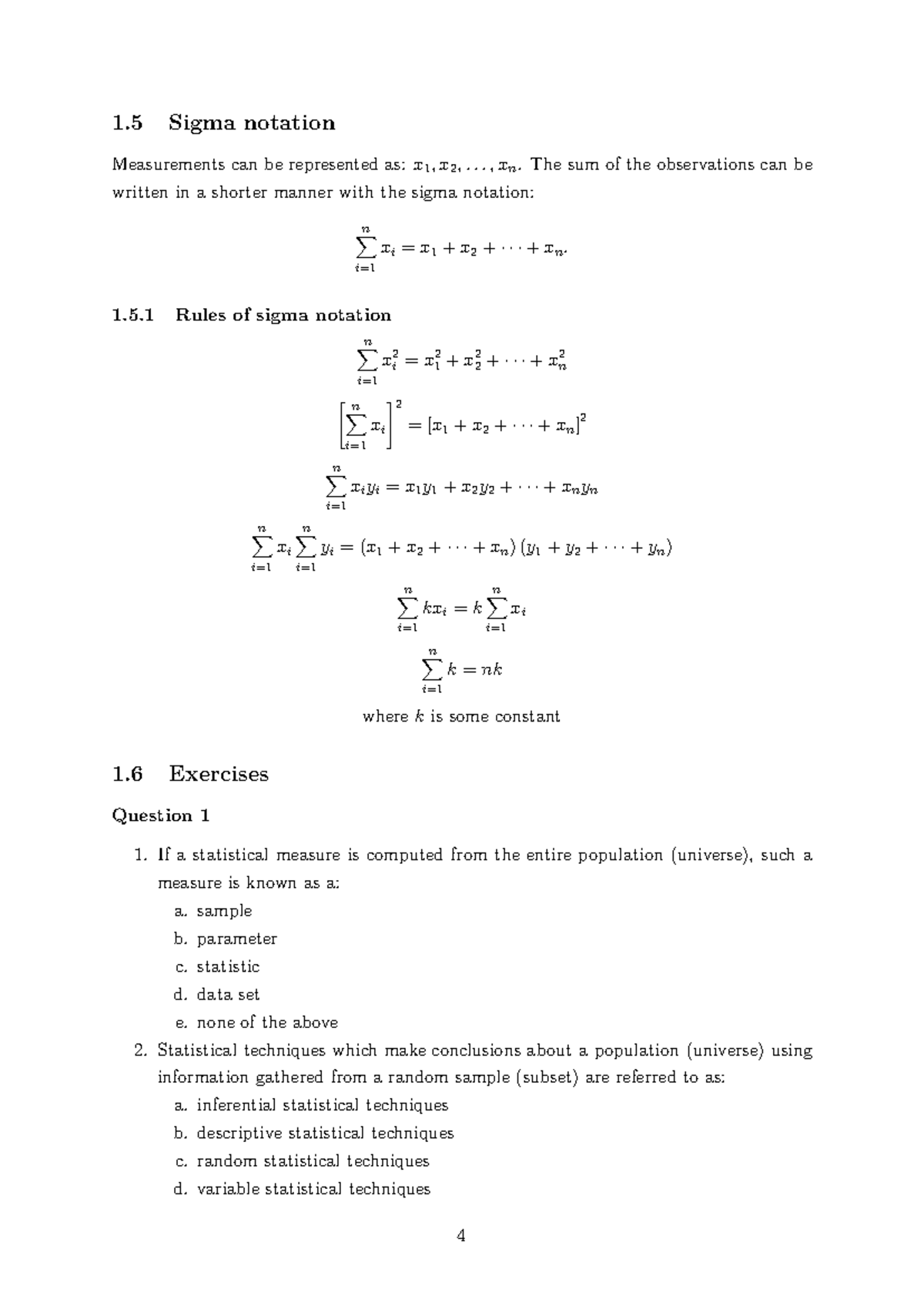 Unit 01 Exercises: Sigma Notation and Statistical Measures - Studocu