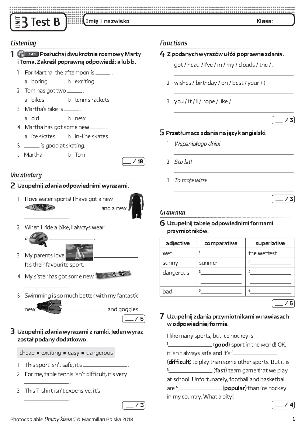 Brainy 5 Short Tests Unit 5 Lesson 4 - Imię i nazwisko: Klasa: Imię i ...