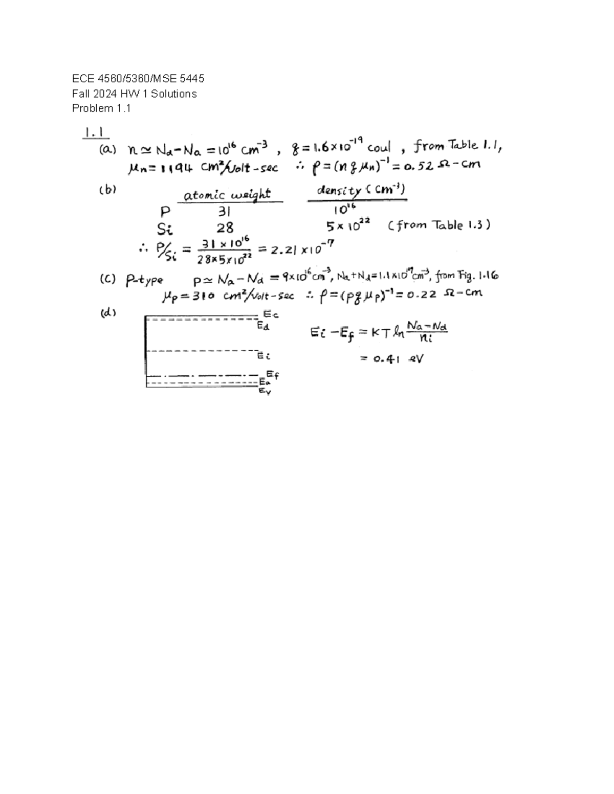 Semiconductor Physics (ECE 5350) - Edit - ECE 4560/5360/MSE 5445 Fall 2024 HW 1 Solutions ...