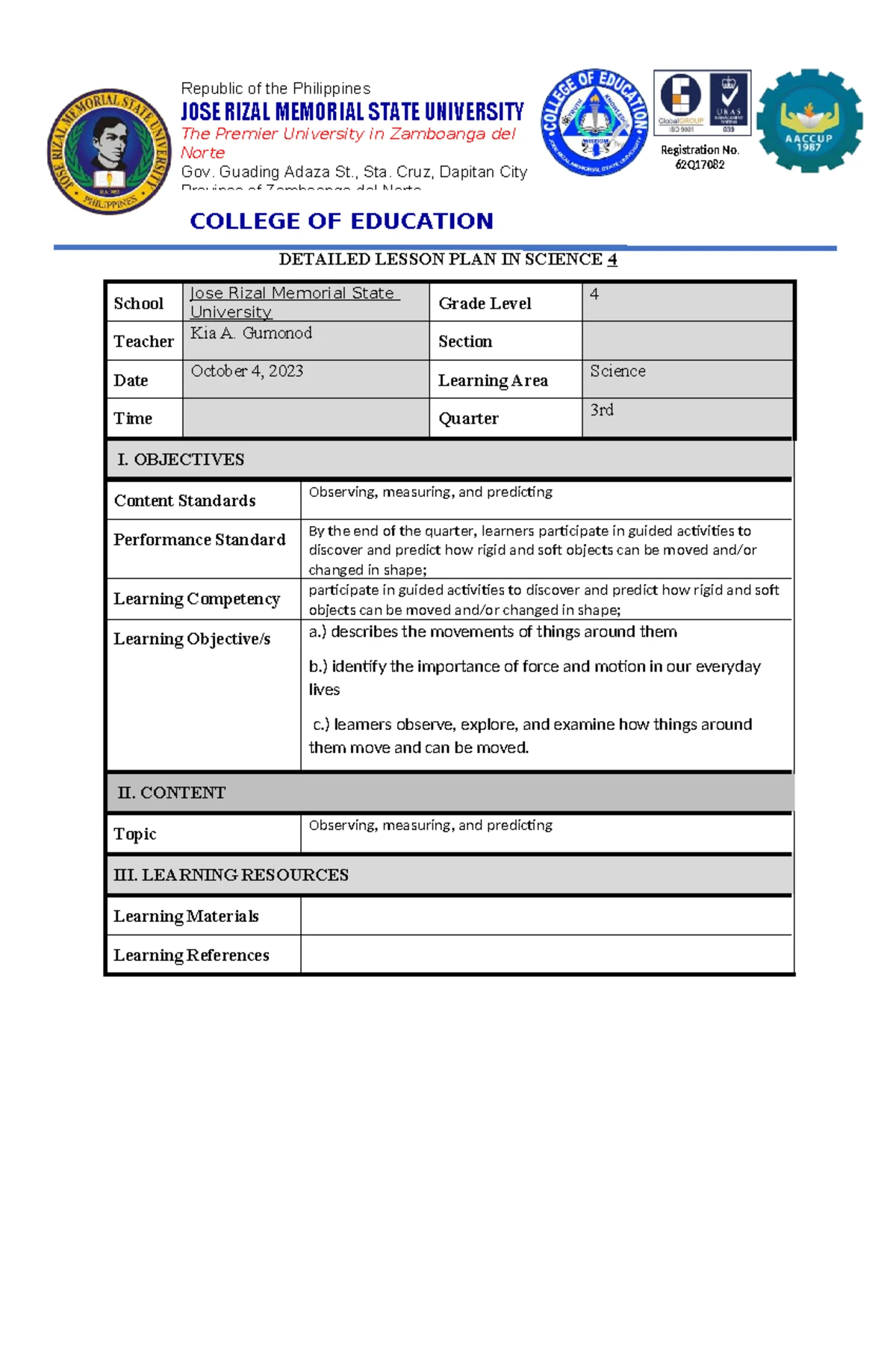 Detailed Lesson Plan: Grade 9 Math - Quadratic Equations - Studocu