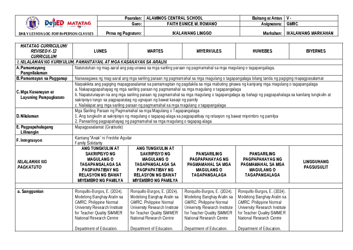 G5 GMRC Daily Lesson Log Q2 W2: Pagmamahal sa Magulang - Studocu