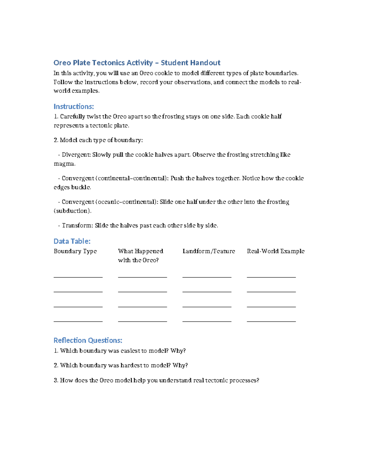 Oreo Plate Tectonics Activity: Modeling Boundaries - Studocu