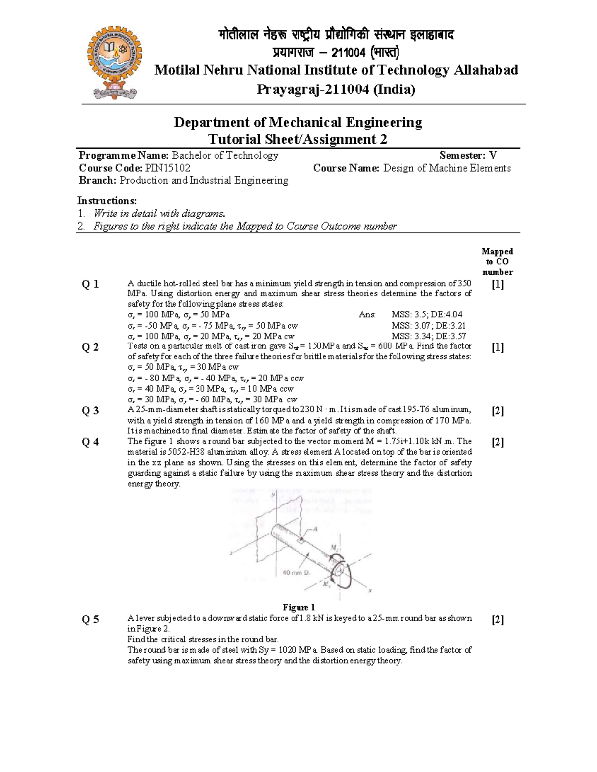 Assignment 2: Design of Machine Elements (PIN15102) - Studocu