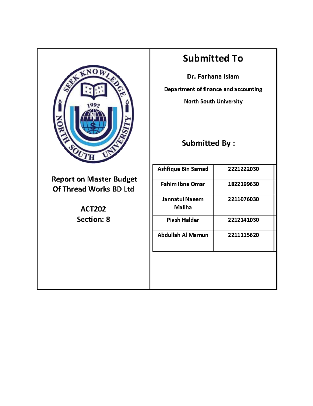 ACT202 Section 8: Master Budget Project for Thread Works BD Ltd - Studocu