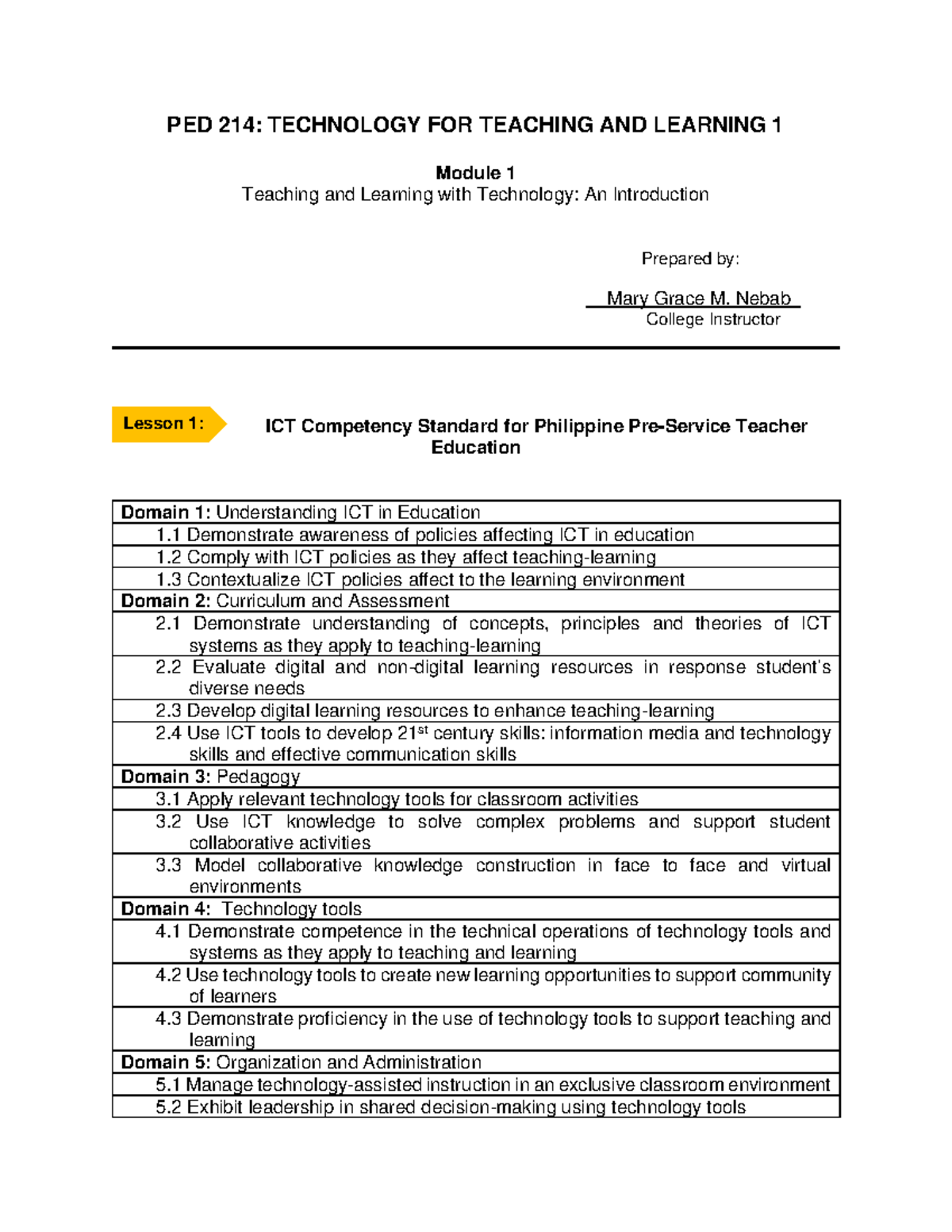 PED 214 Lesson 1 and 2 - PED 214: TECHNOLOGY FOR TEACHING AND LEARNING ...