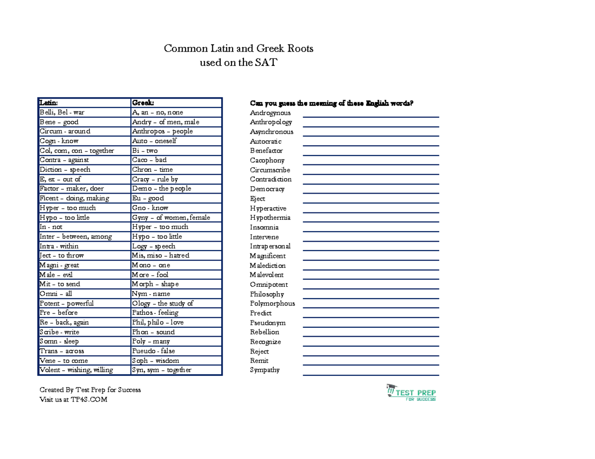 Common Latin and Greek Roots for SAT Prep: Key Terms and Meanings - Studocu