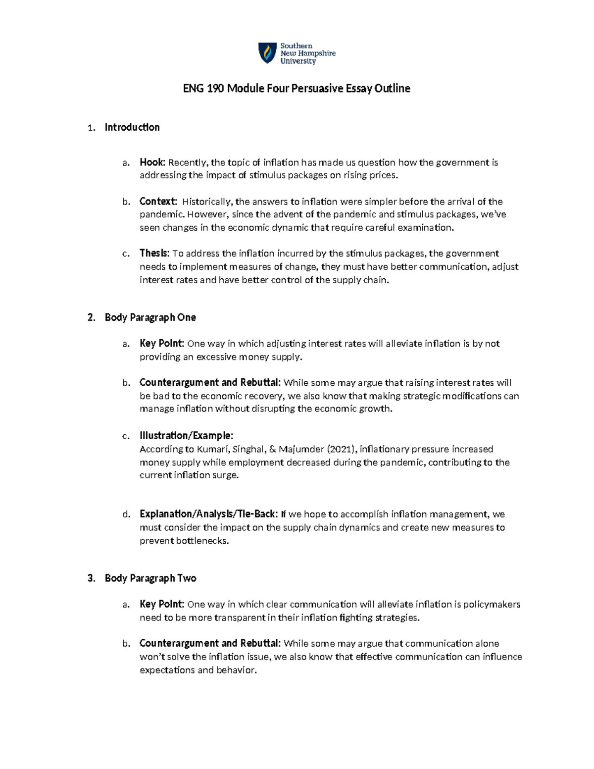 ENG 190 Module 4 Persuasive Essay Outline on Inflation Solutions - Studocu