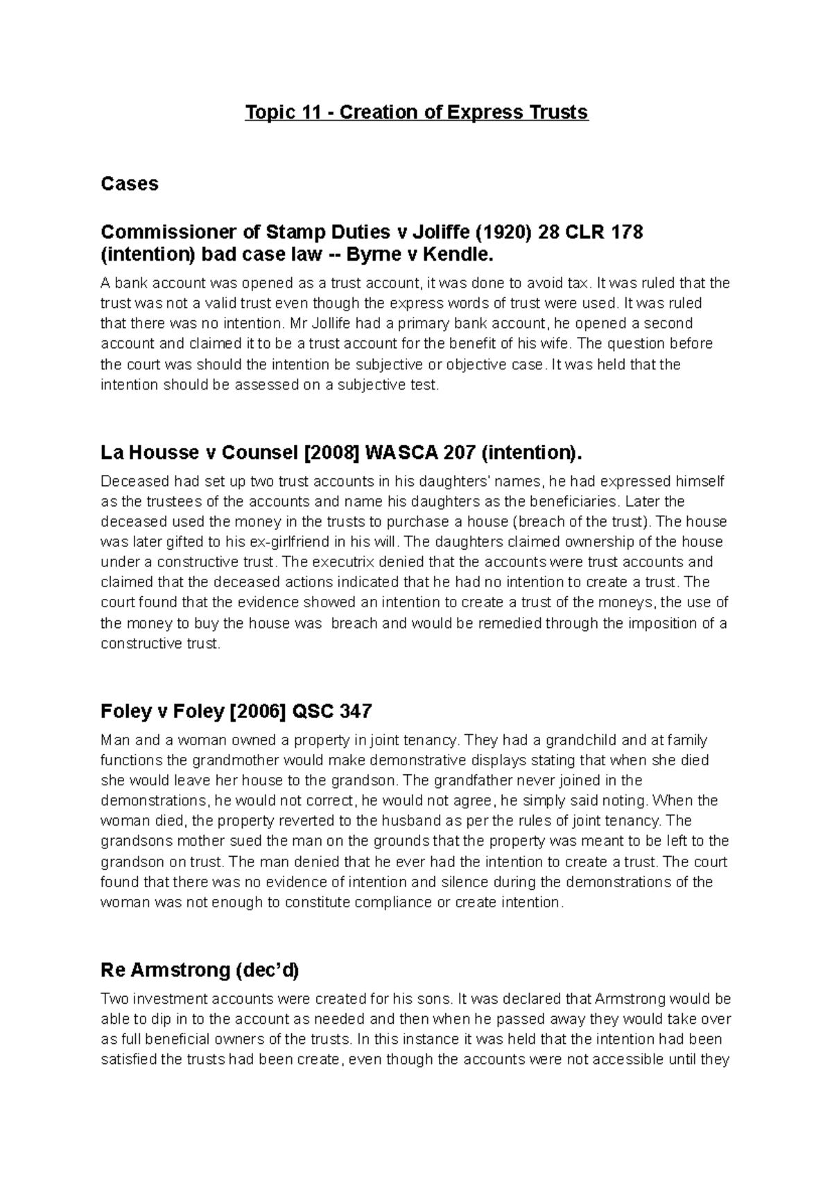 Topic 11: Creation of Express Trusts - Key Cases and Legal Principles ...