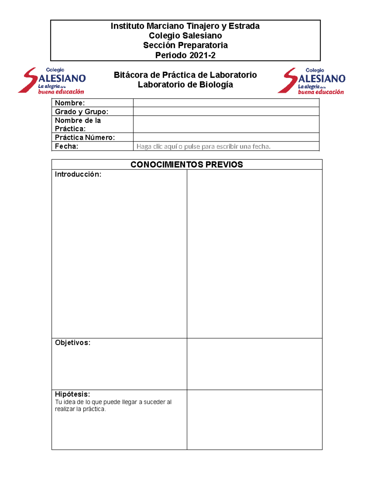 Bitácora Laboratorio de Biología - Instituto Marciano Tinajero y ...