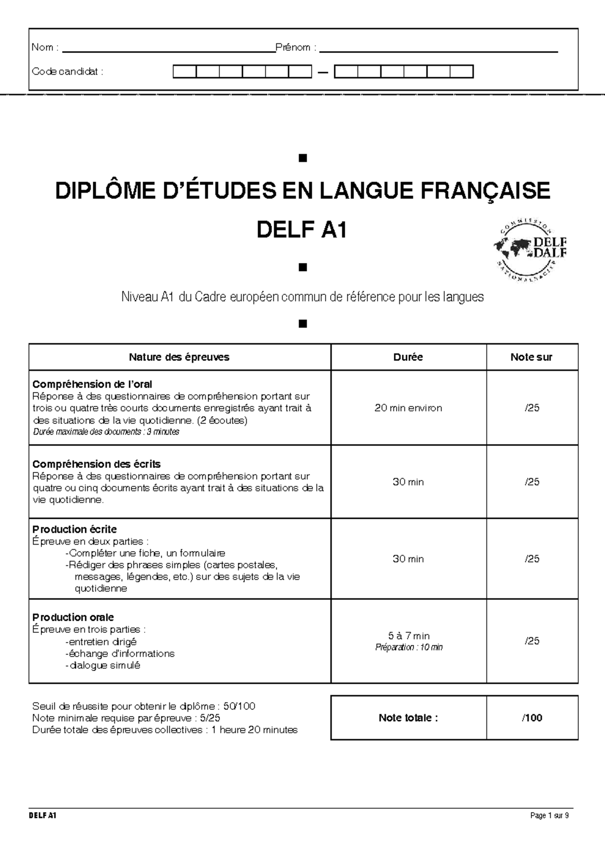 Exemple 1 : Sujet Complet DELF A1 - Épreuves et Corrigés - Studocu