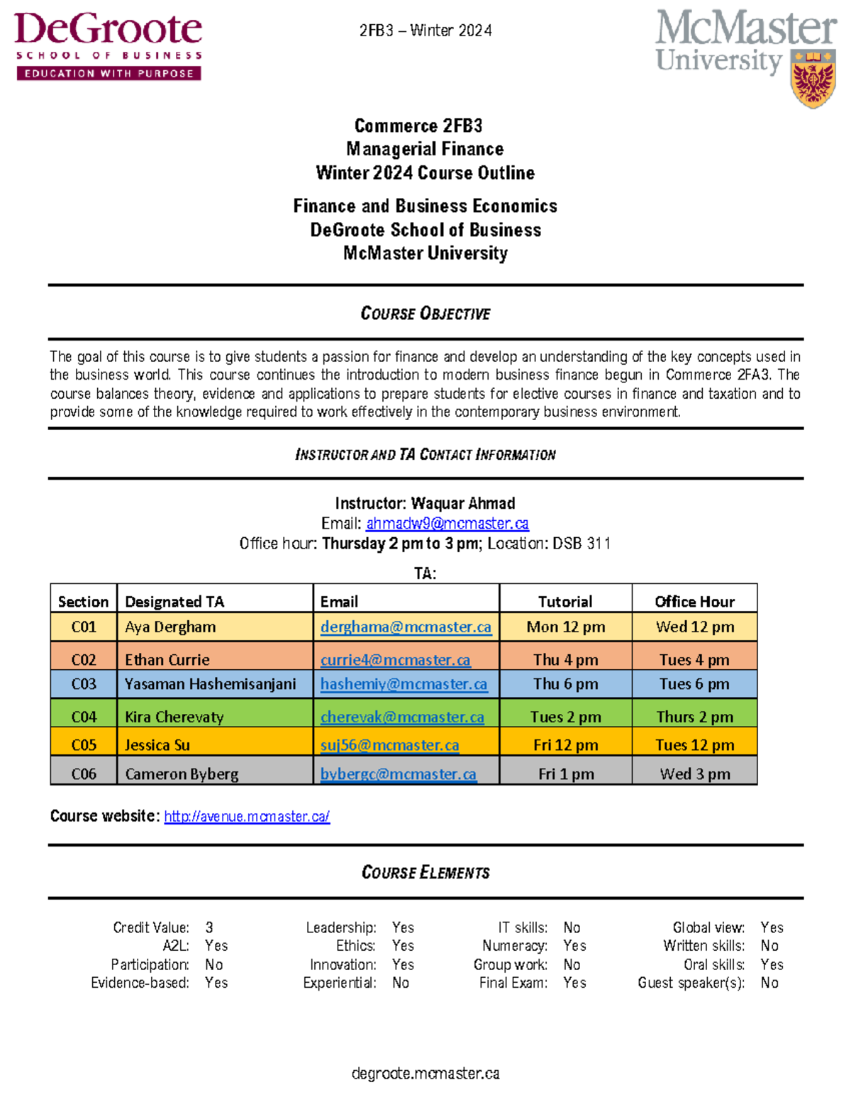 Commerce 2FB3 Managerial Finance Course Outline Winter 2024 - Studocu
