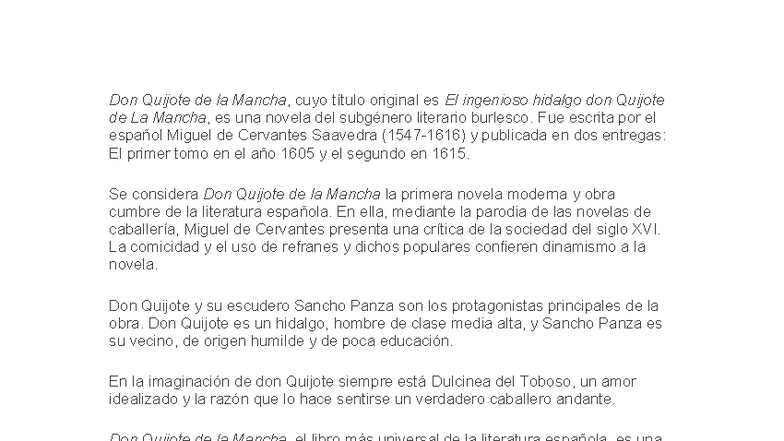 Análisis de "Don Quijote de la Mancha" - Literatura Española - Studocu