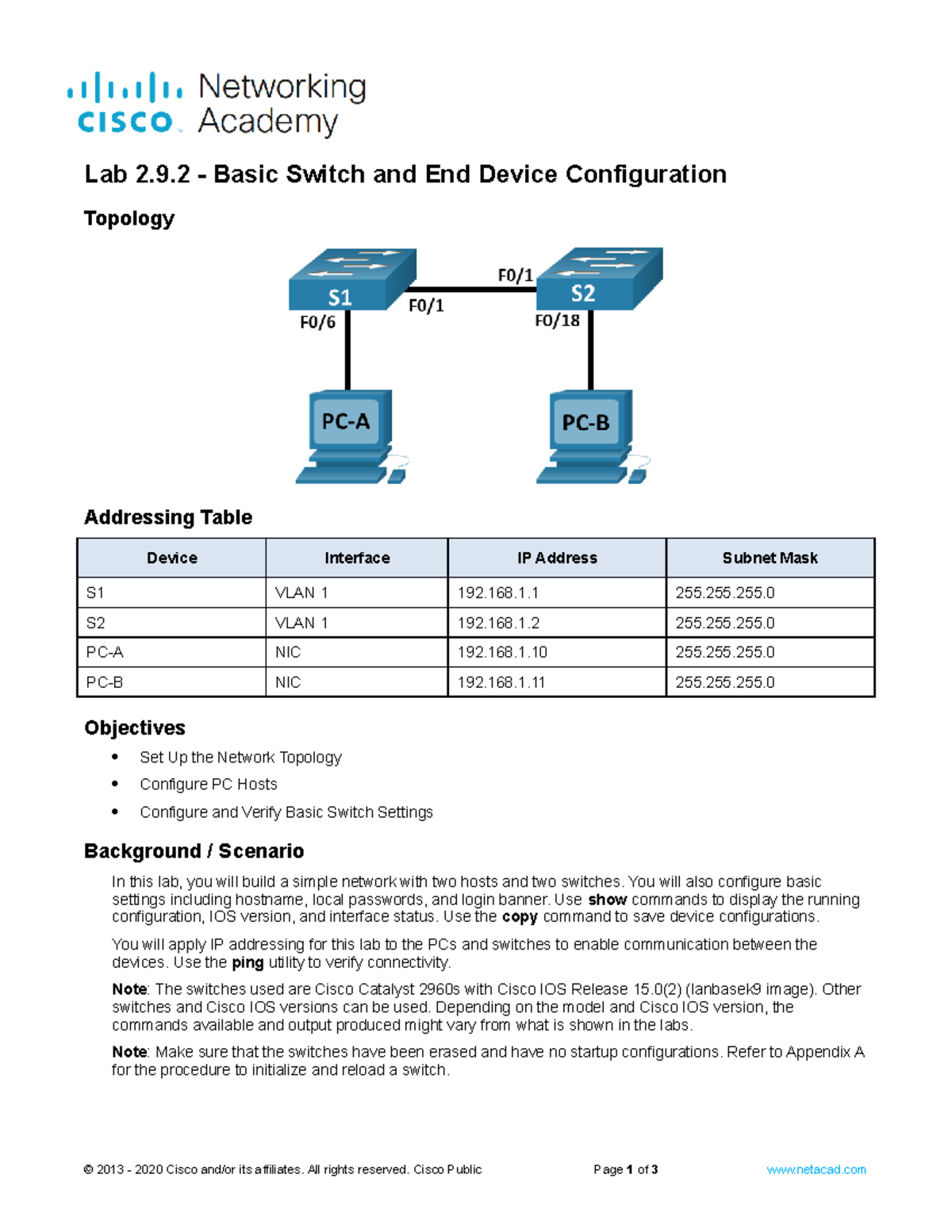 2.9.2 Lab - Basic Switch and End Device Configuration - Lab 2.9 - Basic ...
