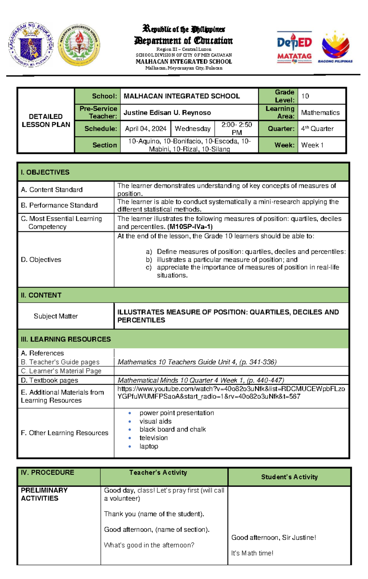 DLP-Math 10: Measures of Position (Quartiles, Deciles, Percentiles) - Studocu
