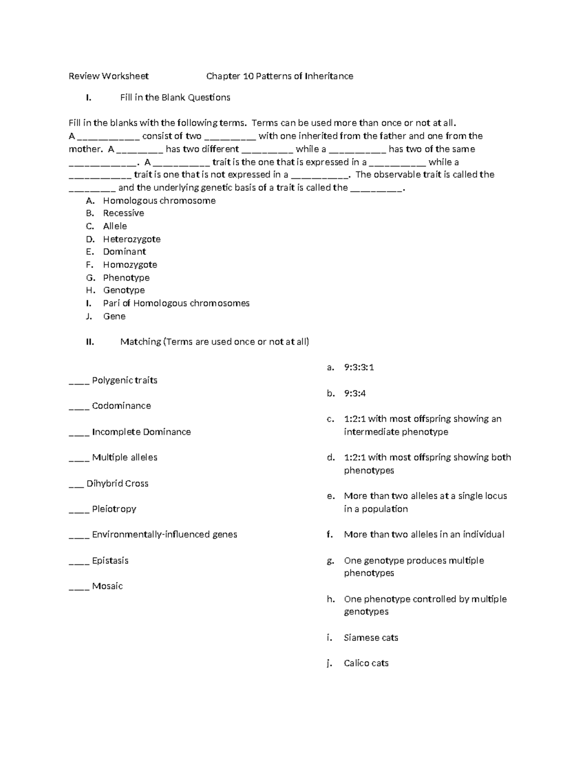 Review Worksheet: Chapter 10 - Patterns of Inheritance - Fill in the ...