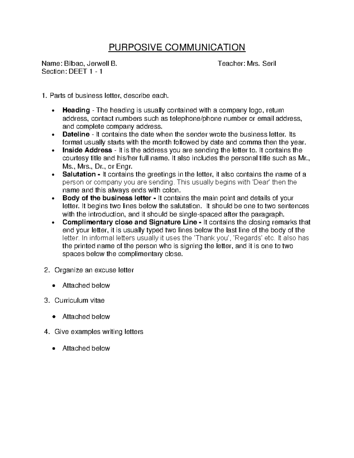 PURPOSIVE COMMUNICATION: Business Letter Components & Examples - Studocu
