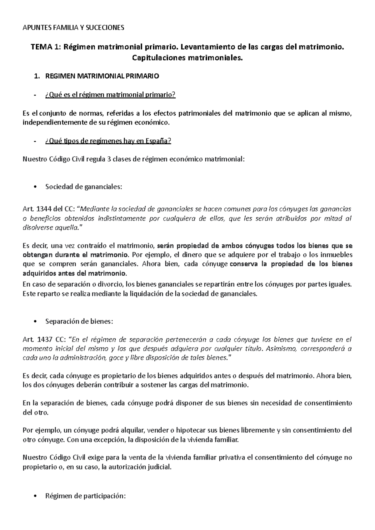 TEMA 1 - Régimen Matrimonial Primario: Cargas y Capitulaciones - Studocu