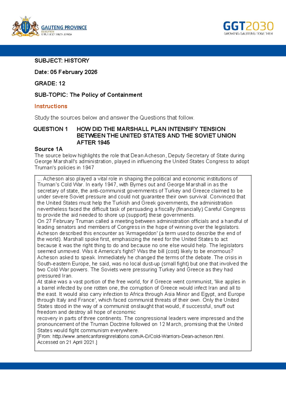 HIS 12: Worksheet on The Policy of Containment - 05 Feb 2026 - Studocu