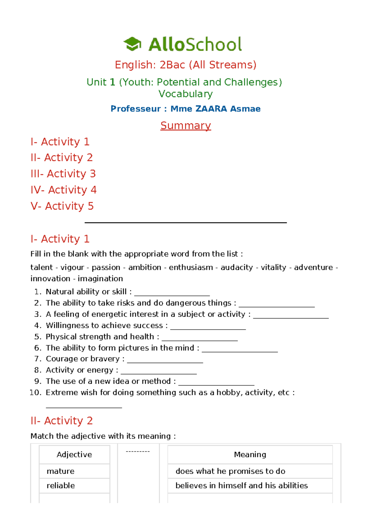 English 2Bac Unit 1: Youth Vocabulary & Activities Summary - Studocu