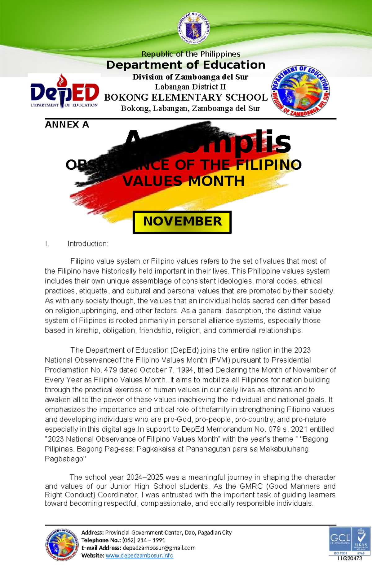EsP Accomplishment Report: Filipino Values Month 2025 at Bokong ...