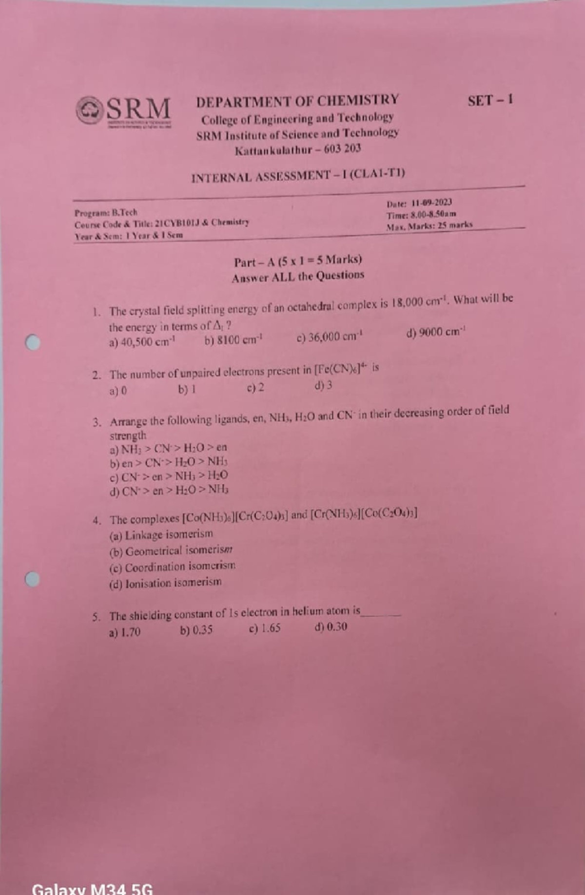 Chemistry Internal Assessment 1 2024 - SRM Program: B Counse Code ...