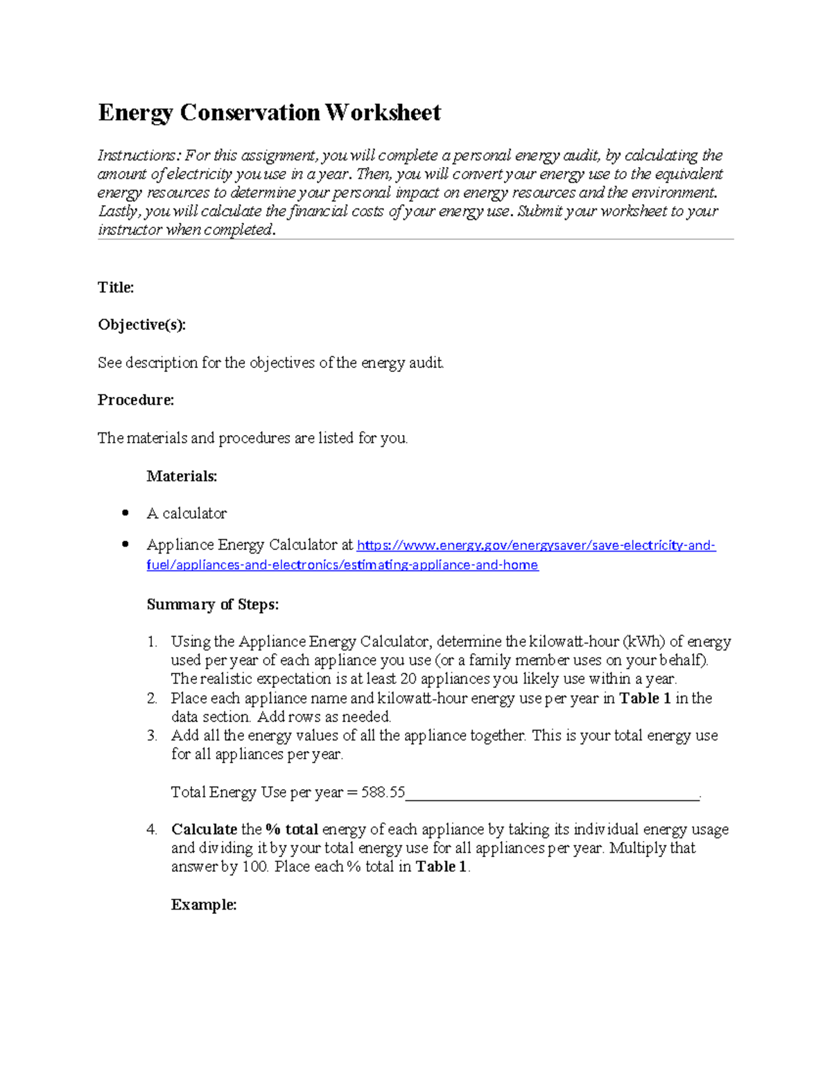 Energy Conservation Worksheet 2: Personal Energy Audit Guide - Studocu