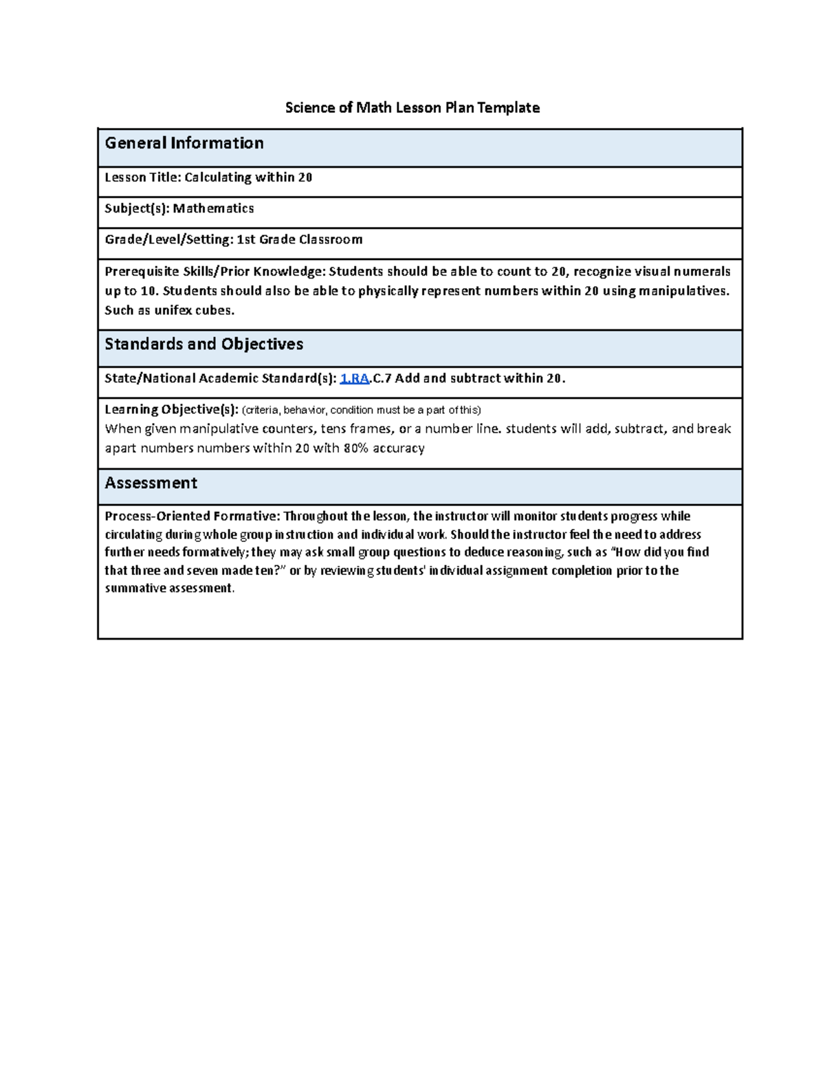 Math Lesson Plan Template: Adding & Subtracting Within 20 (1st Grade ...