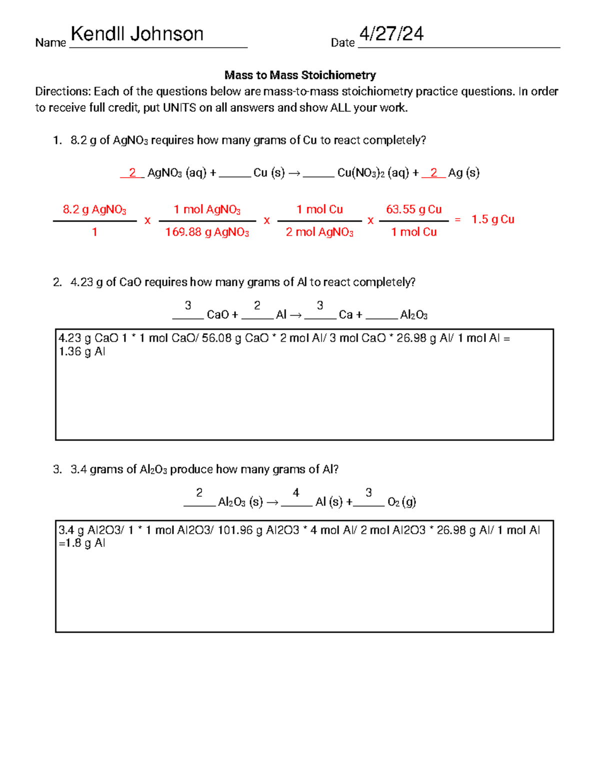 Mass-to-Mass Stoichiometry Practice Problems for Chemistry 101 - Studocu