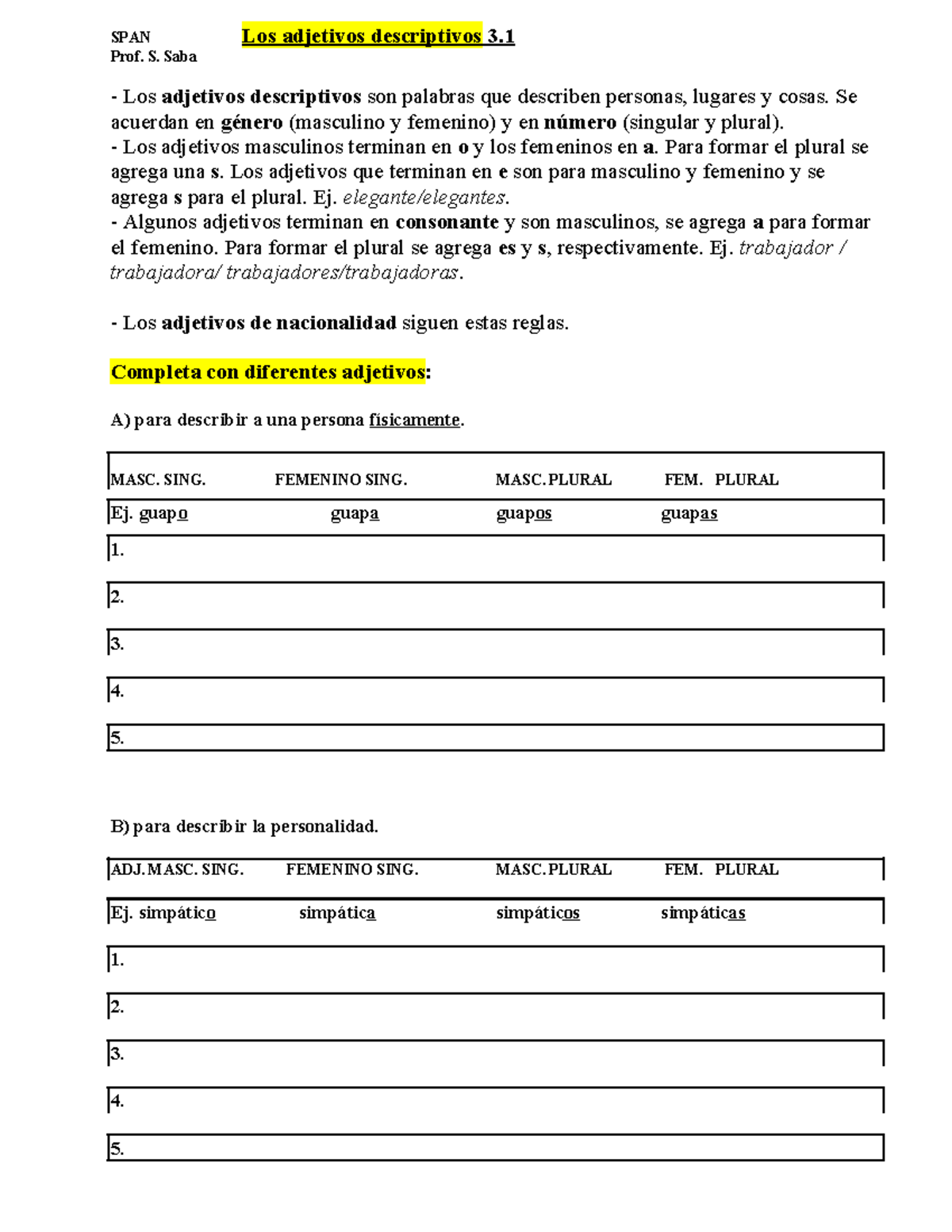 SPAN 200 - Adjetivos Descriptivos: Reglas y Ejercicios - Studocu