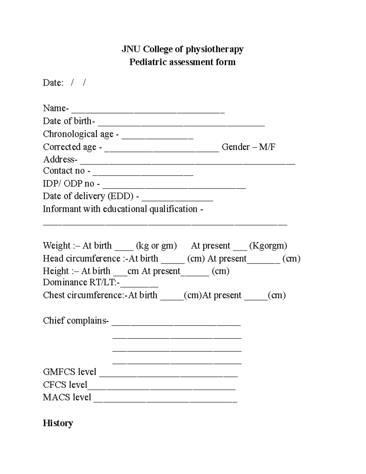 Pediatric Assessment Form (Physiotherapy 101) - Comprehensive ...