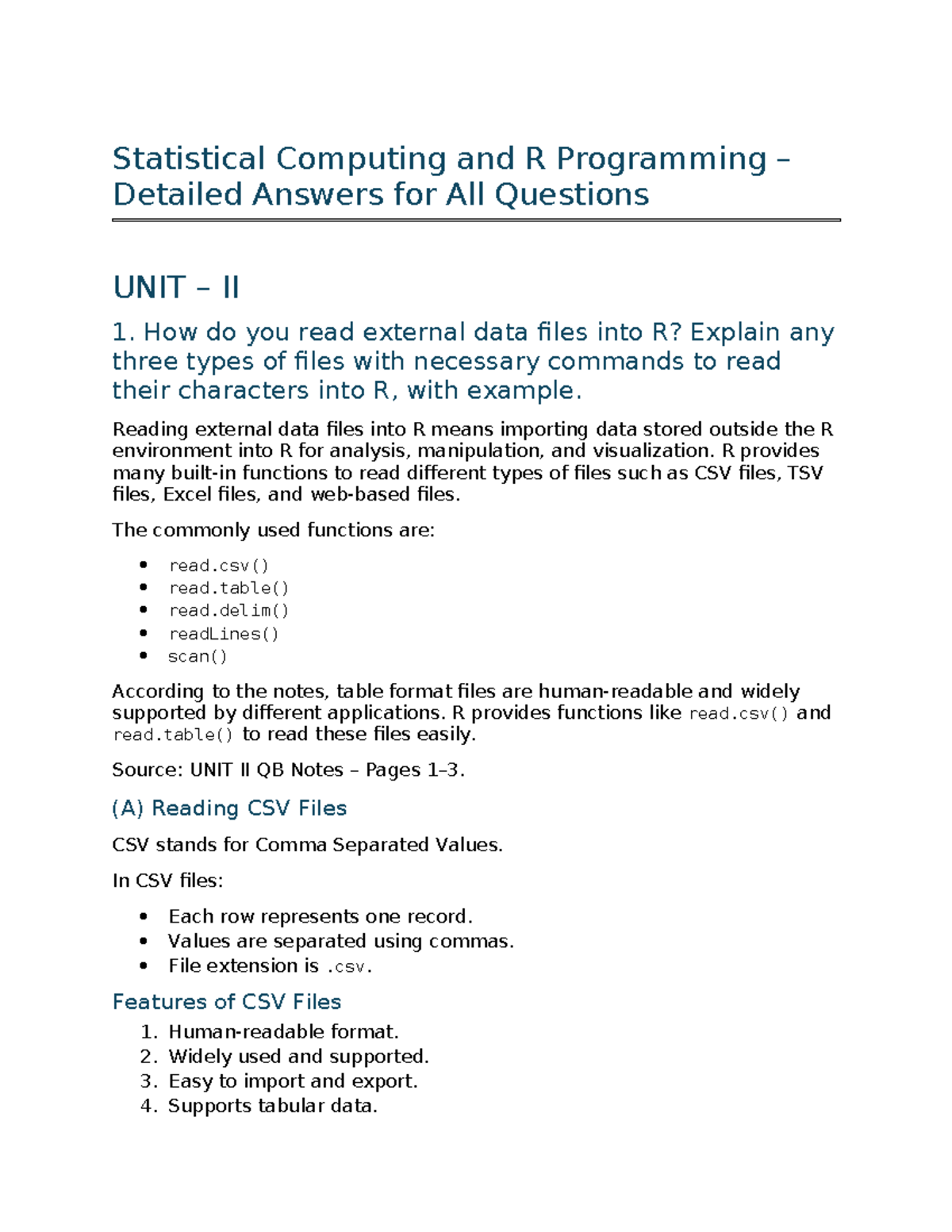 All Units STAT 101 R Programming Answers: Data Import & Analysis - Studocu