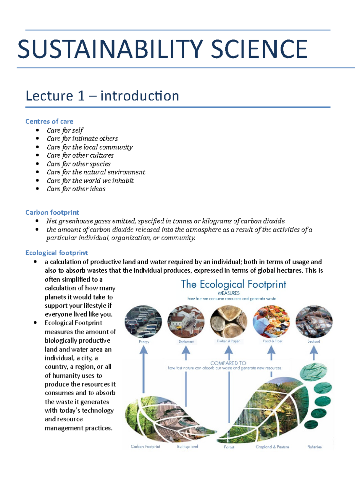 Summary of weeks 1-5. Preparation for test 1 - SUSTAINABILITY SCIENCE ...