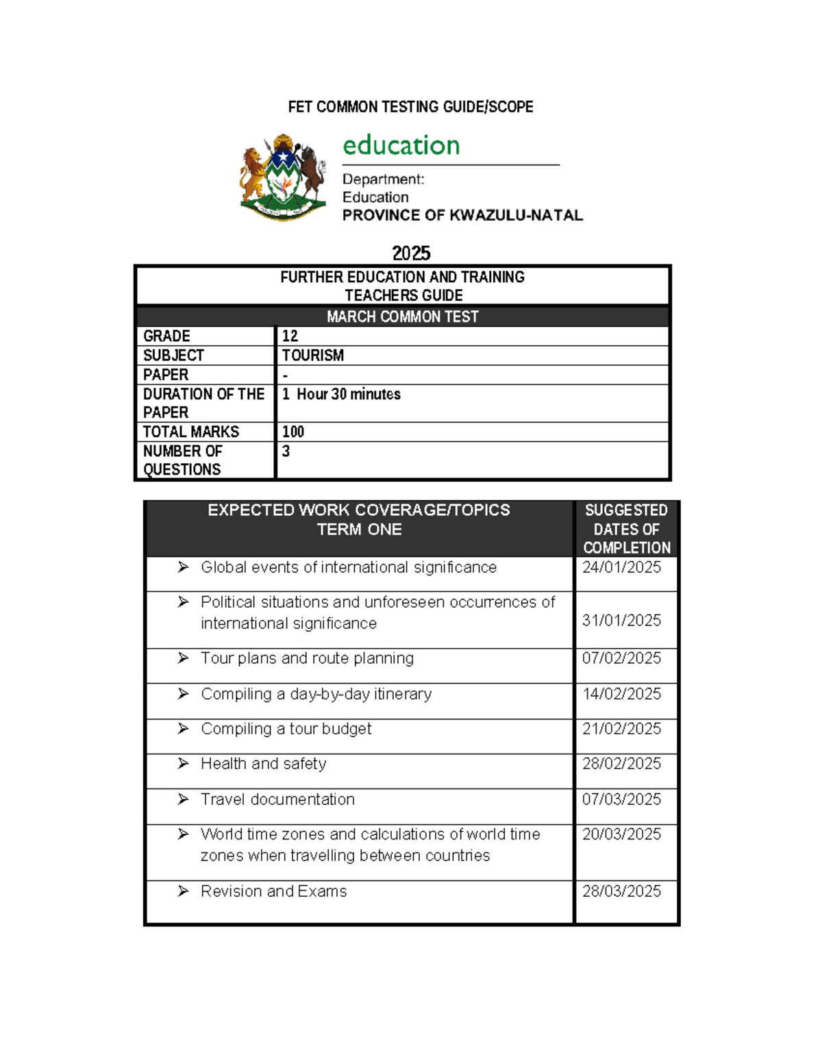 Tourism Grade 12 Testing Guide and Scope for 2025 - Studocu