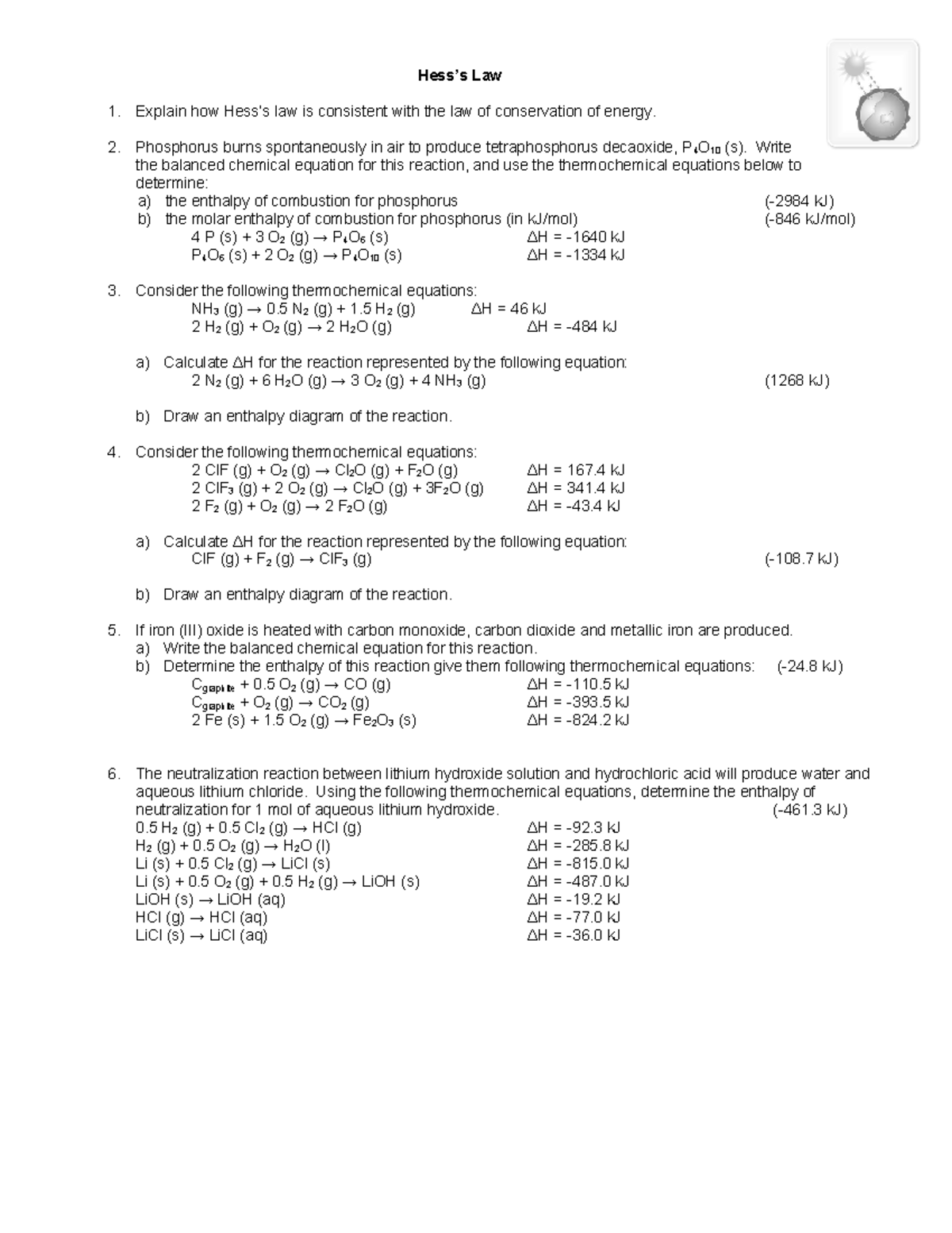 12U Thermo Final Exam: Hess's Law Worksheet and Applications - Studocu