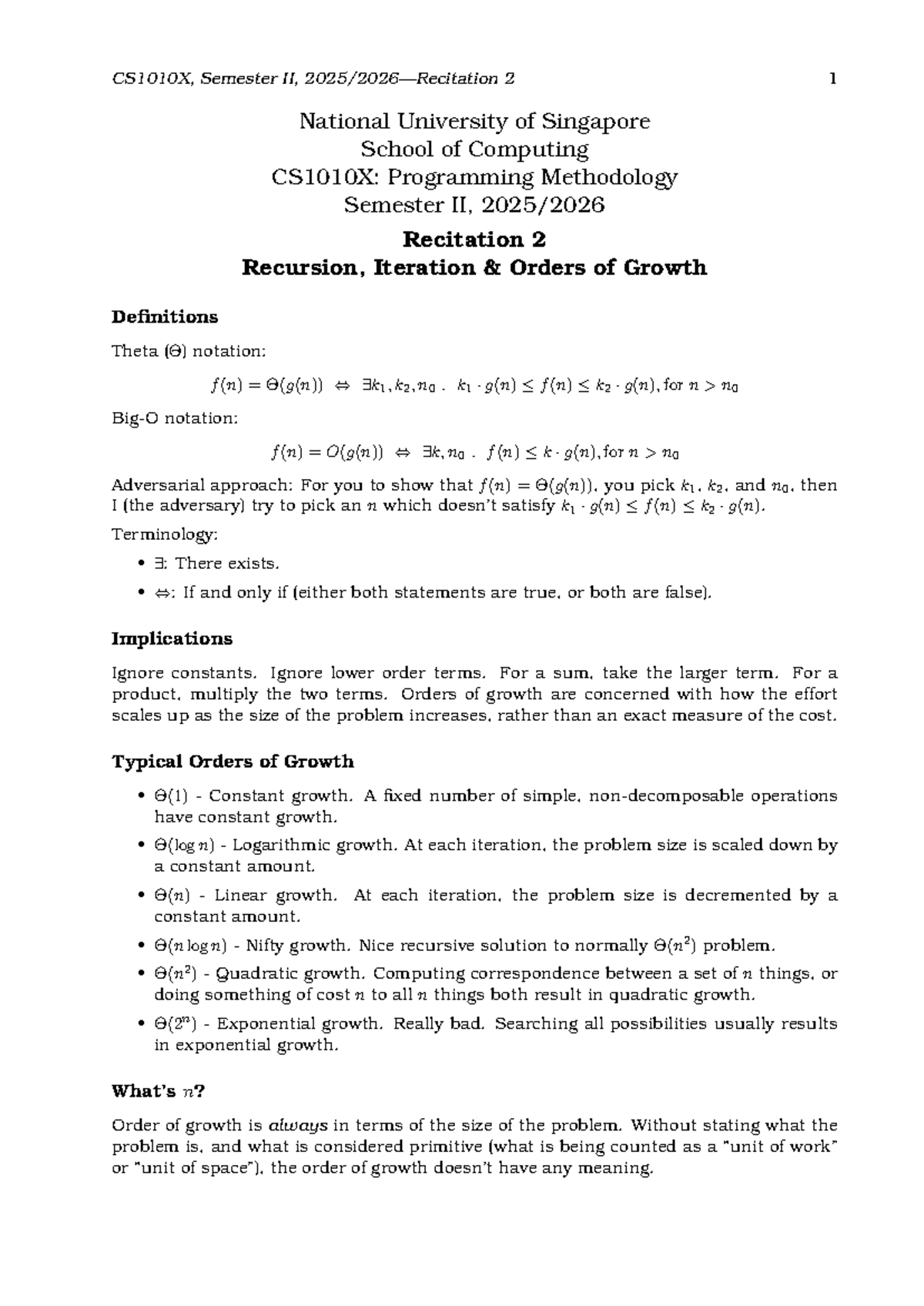 CS1010X Semester II Recitation 2: Recursion & Orders of Growth - Studocu