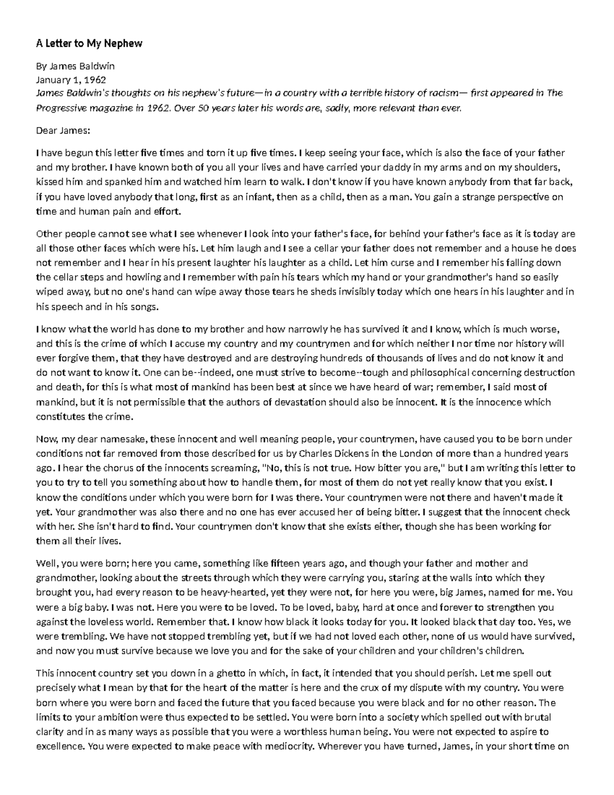 A Letter to My Nephew by James Baldwin: Insights on Racism and Hope ...