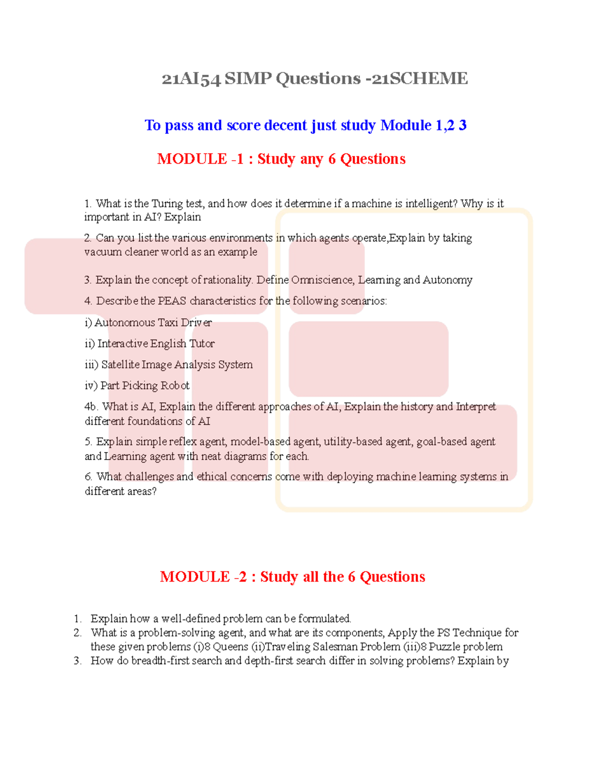 21AI54 SIMP Study Guide: Key Questions from Modules 1-3 - Studocu