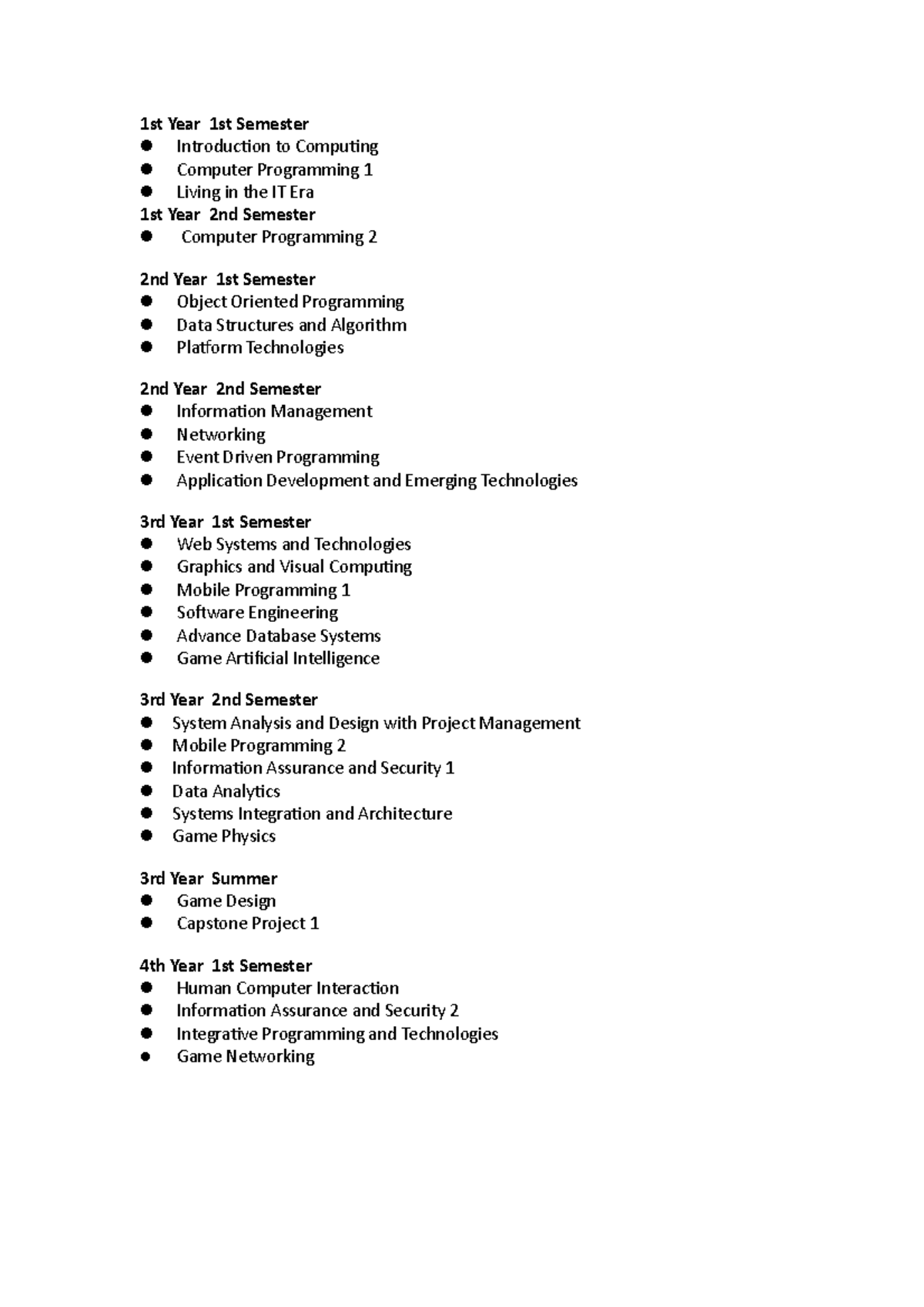 1st to 4th Year Course Checklist for IT Programs - Studocu
