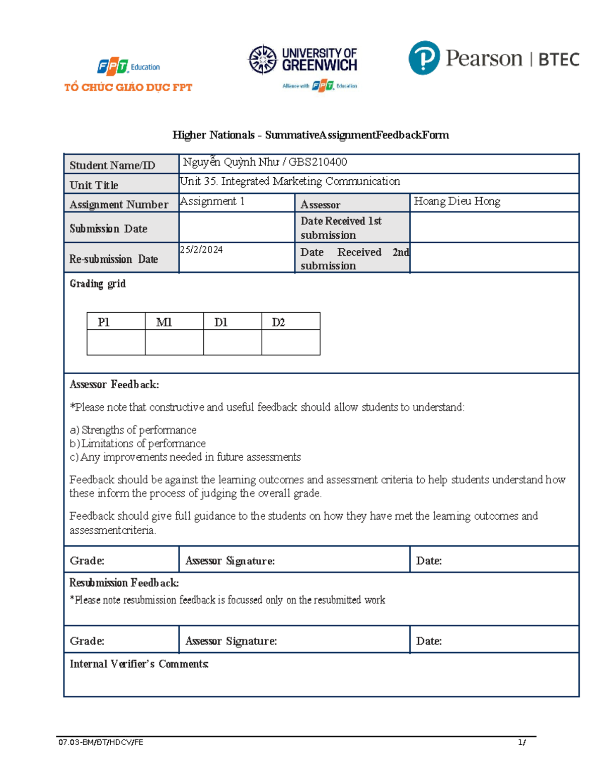 ASM1-5123- Quynhnhu - mjnkjn - 07-BM/ĐT/HDCV/FE 1/ 1 / 22 Higher Nationals - - Studocu