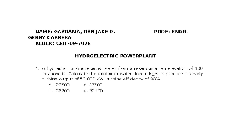 ENGR Hydroelectric Powerplant Practice Problems - Studocu