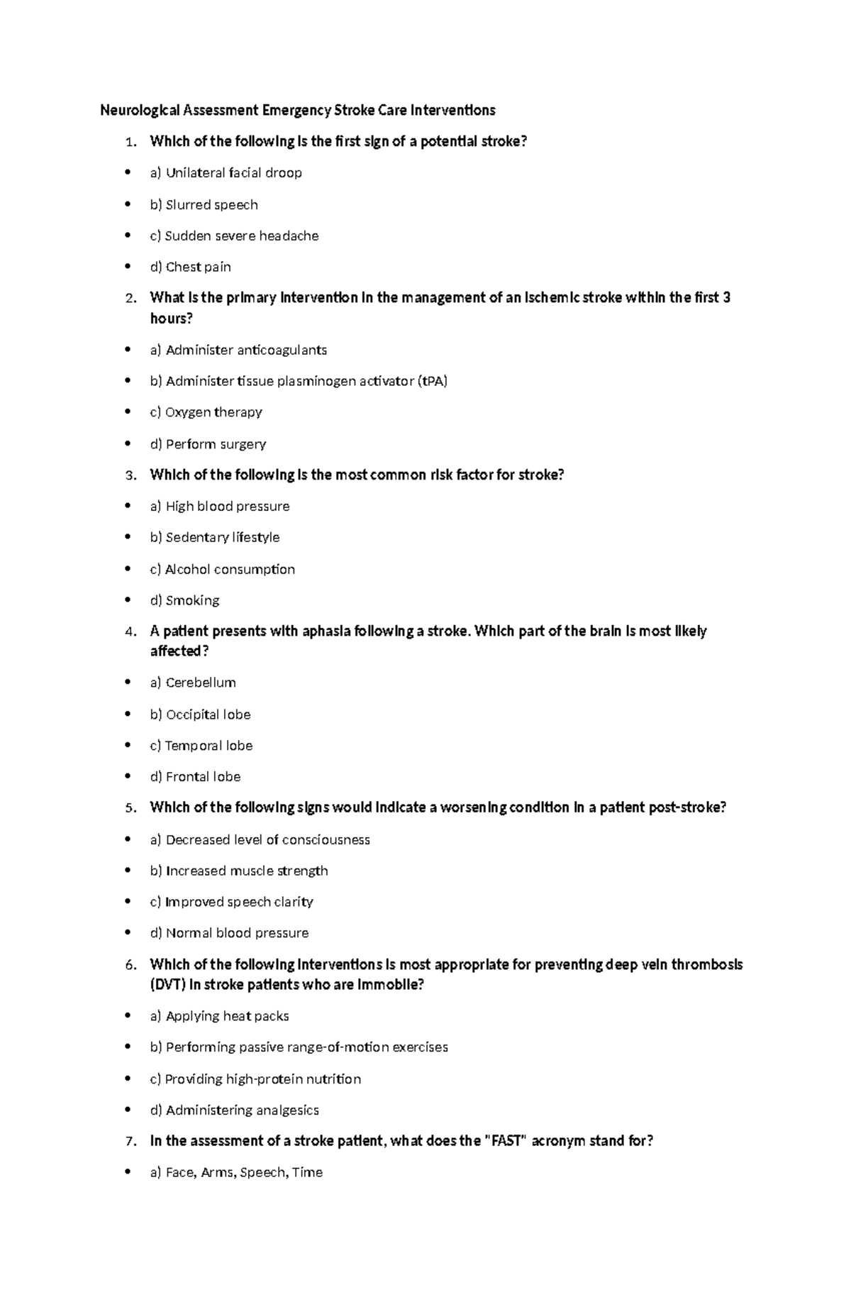 Neurological Assessment & Emergency Stroke Care Interventions (Exam ...