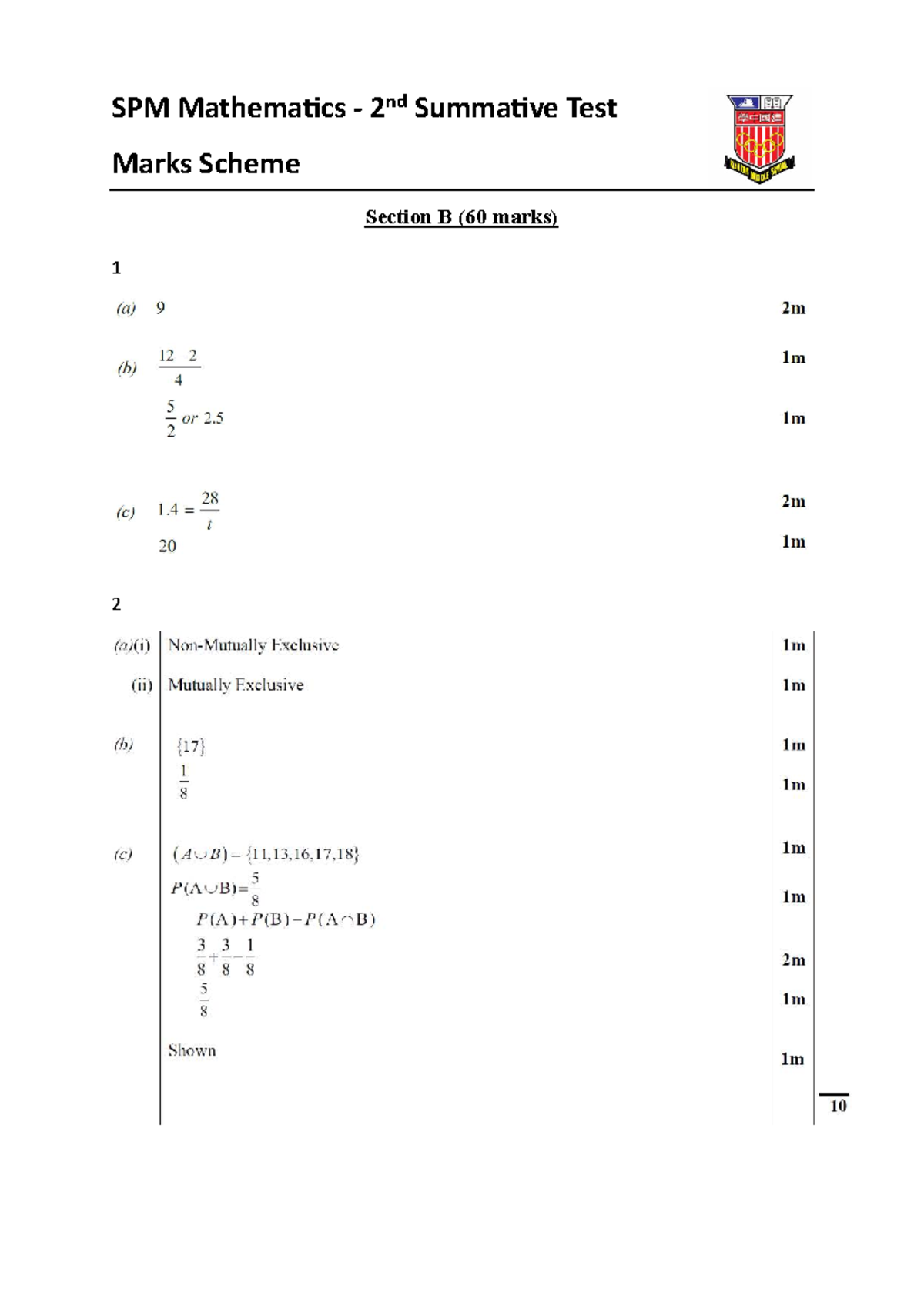 SM 2nd Summative Test – marks scheme - Applied Mathematics - SPM ...