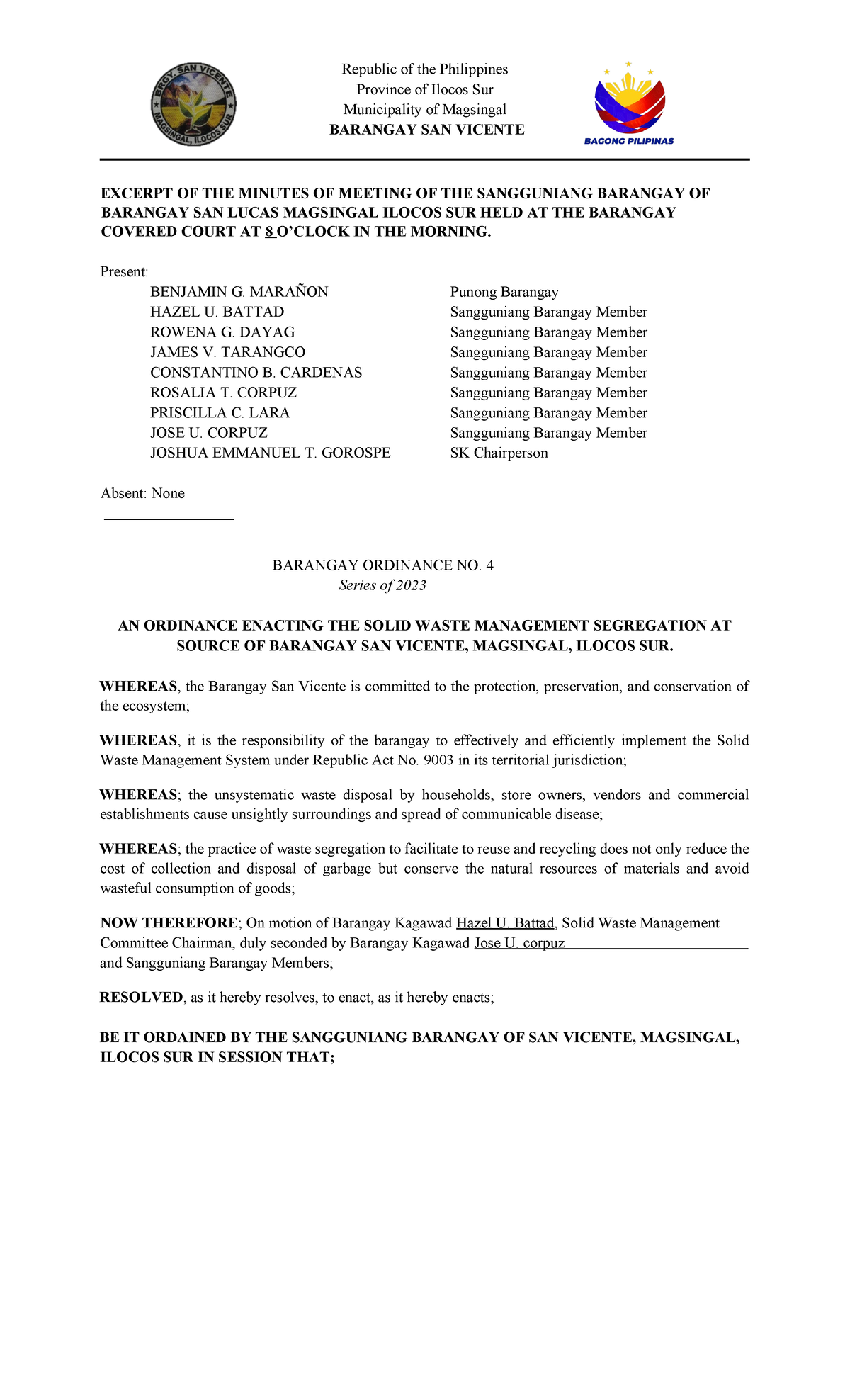 Barangay Ordinance No. 4: Waste Segregation at Source - San Vicente ...