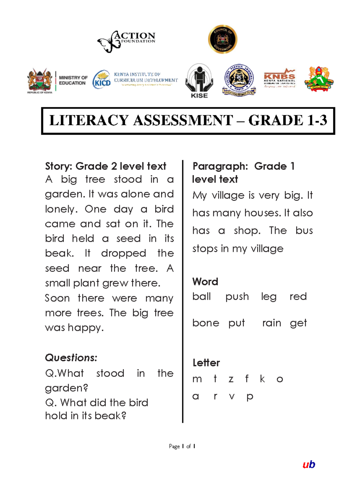 Final Grade 1-3 Literacy Assessment Tool - March 2026 - Studocu