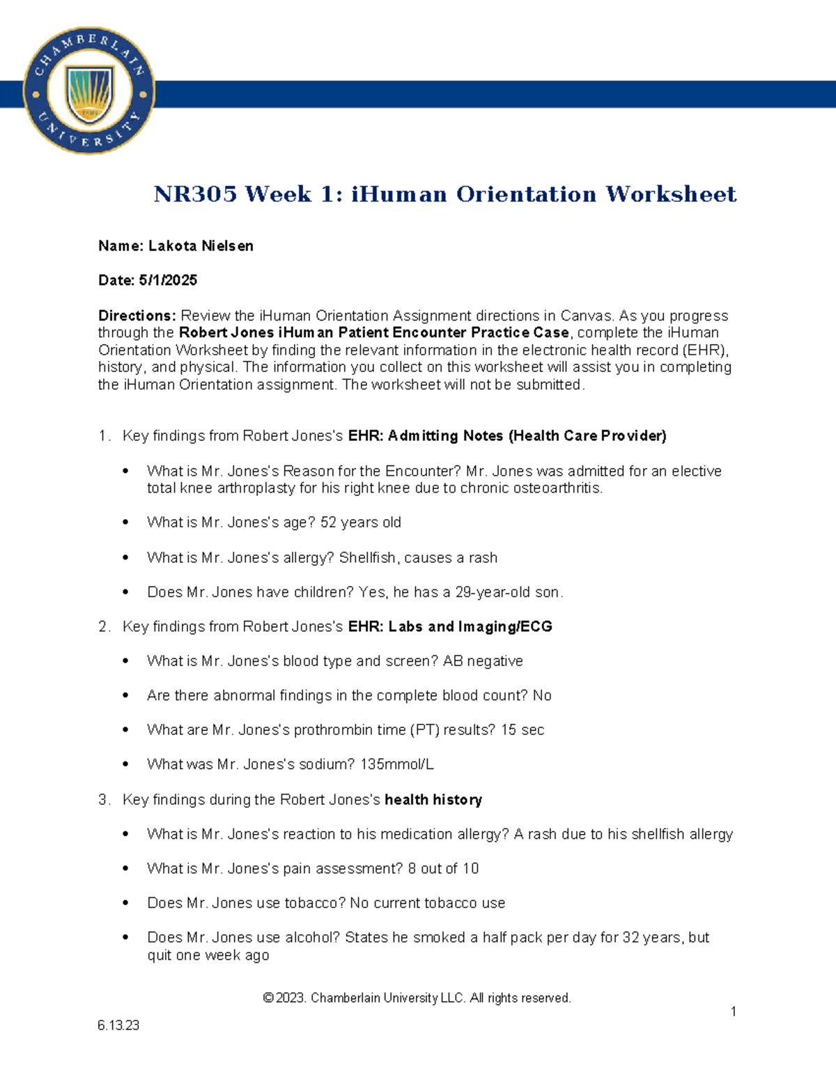 NR305 Week 1: iHuman Orientation Worksheet for Robert Jones Assessment ...