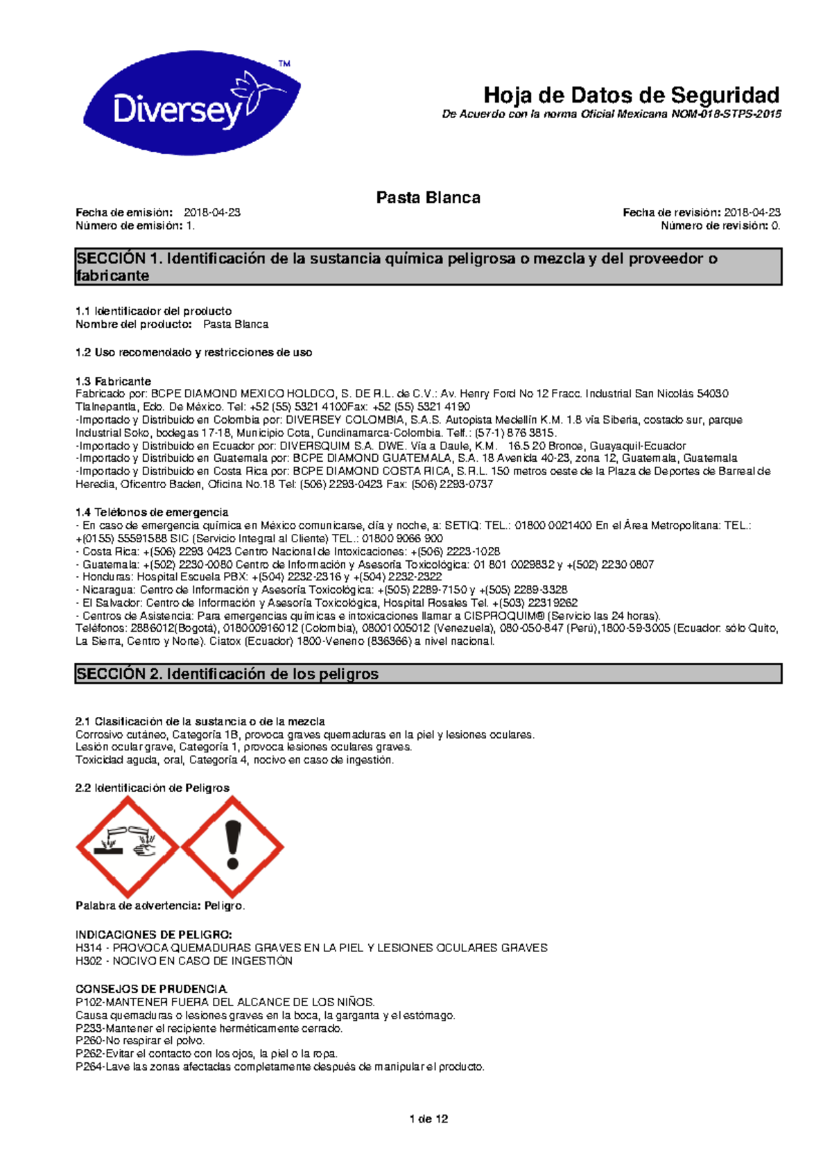 Hoja de Datos de Seguridad de Pasta Blanca - FDS Diversey - Studocu