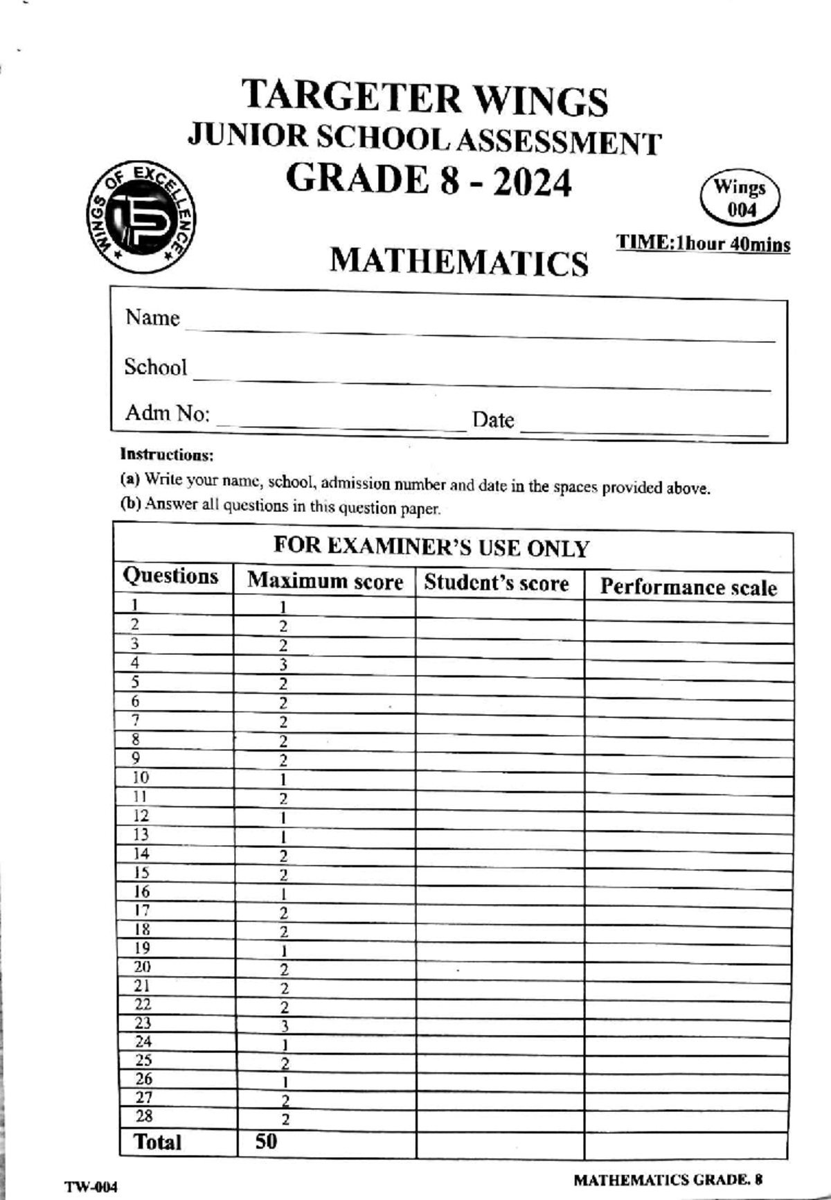 TARGETER WINGS JUNIOR SCHOOL GRADE 8 ASSESSMENT 2024 - ALL SUBJECTS 004 ...